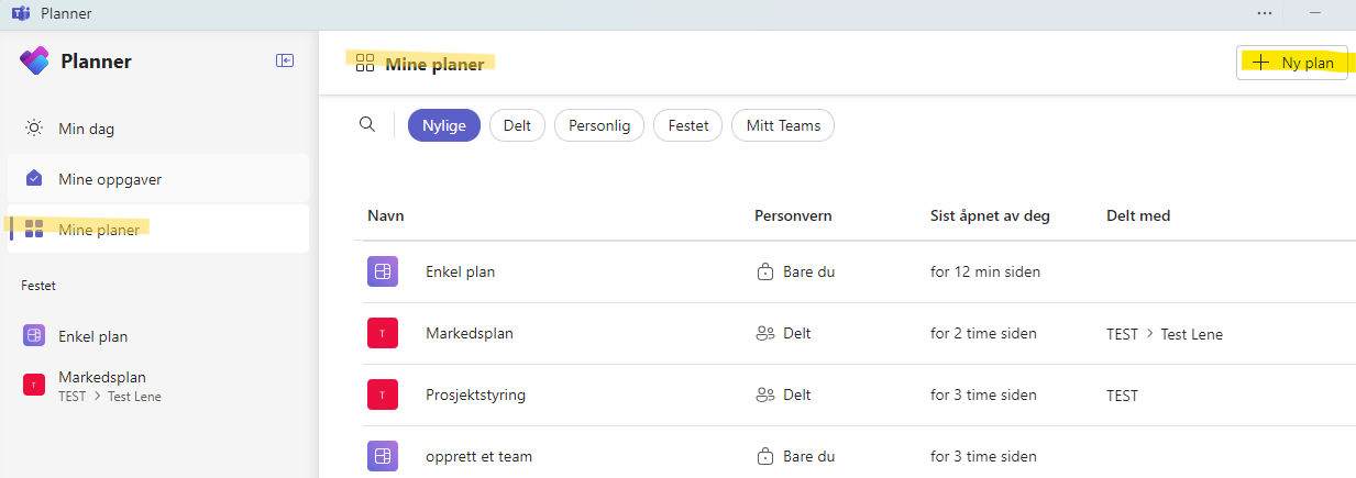 Slik oppretter du personlige og delte planer i Planner | UNIC Nettverk AS